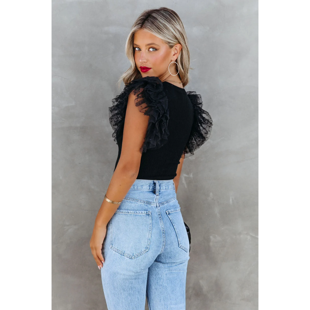 Women's Ribbed Knit Top with Layered Ruffle Sleeves - Slim Fit-Black ...